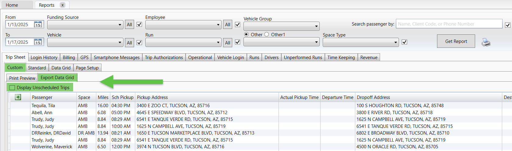 Custom Trip Sheets Report Formats