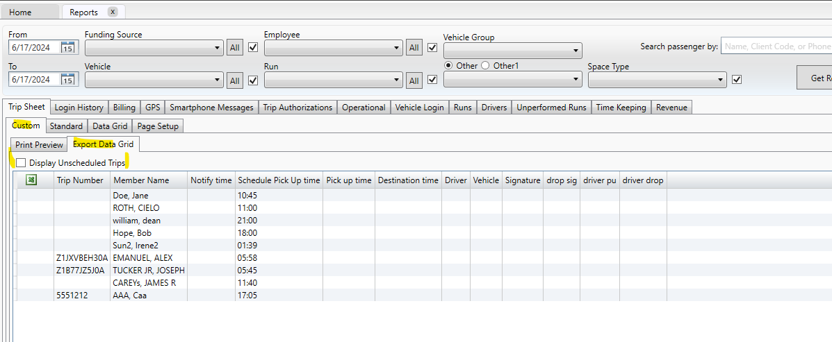 Custom Trip Sheets Report Format