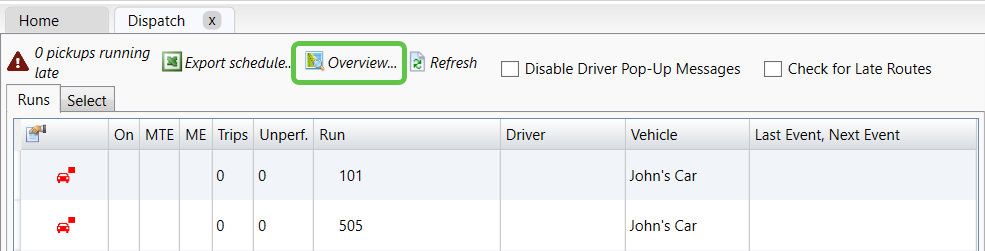 Dispatch Overview Screen